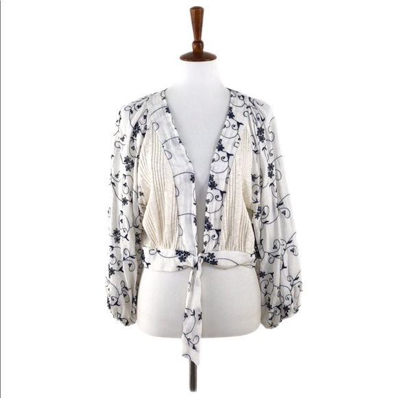 Hummingbird | Tops | Hummingbird Cream Navy Embroidered Tie Front Top ...